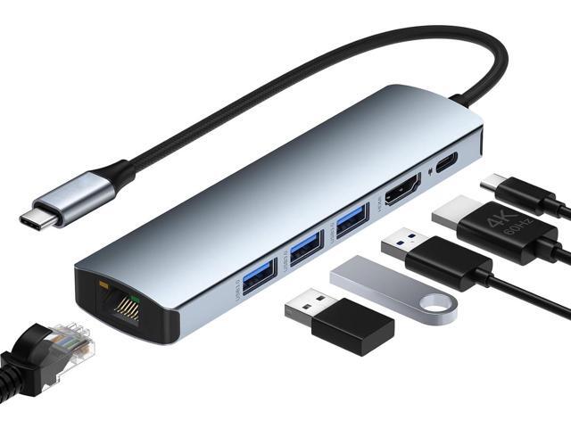 Jansicotek 6-in-1 USB Hub with 3xUSB3.0, 1x100W PD & 1Gbps Rj45 Network ...
