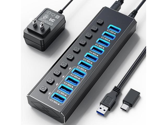 Powered USB Hub 3.0, 10-Port USB Data Hub Splitter (10 Data Transfer ...