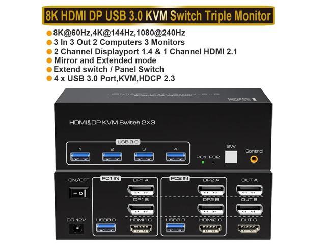 8K 2DP+HDMI KVM Switch 3 Monitors 2 Computers Support 8K@60Hz 4K@120Hz ...