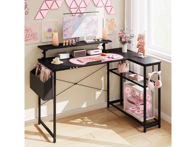 Dowinx L-Shaped Gaming Desk with Cat Accessories - 43-Inch Black & Pink ...