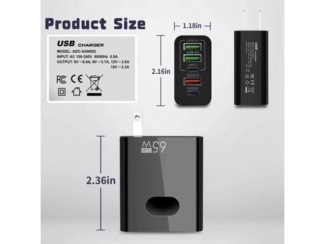 [2 PACK] USB Wall Charger Block 65W, 5 Port [3x USB A, 2x USB C] Fast ...