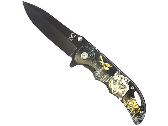 7" GRAY WOLF HEAD SPRING ASSISTED FOLDING POCKET KNIFE Fantasy Blade ...