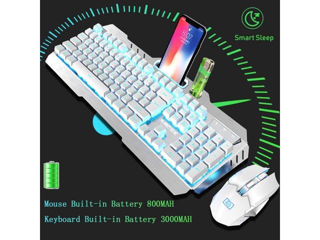 Wireless Gaming Keyboard and Mouse, Blue LED Backlit Rechargeable Metal ...
