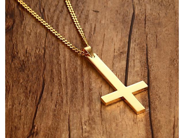 Gold Inverted Cross Necklace Stainless Steel Upside Down Cross of Saint ...