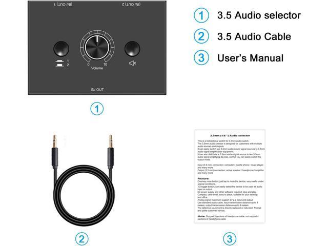 3.5mm Audio Selector, 2 Way Audio Switcher; Headphone Switcher, Stereo ...