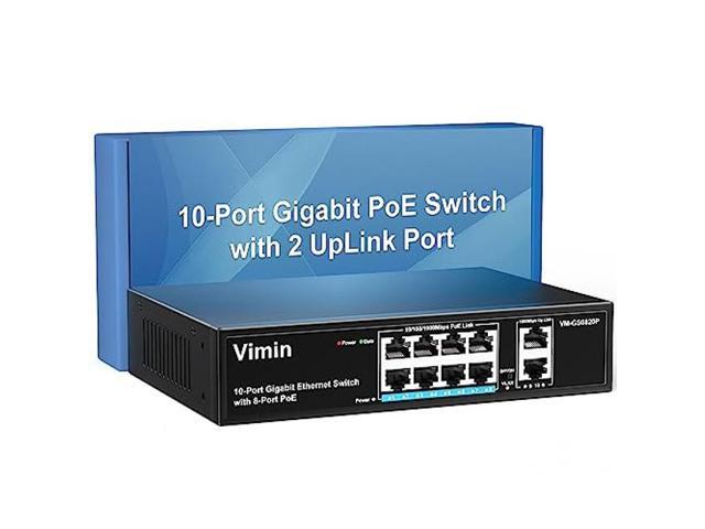 VIMIN 8 Port Gigabit PoE Switch with 2 Uplink Gigabit Ports, 10 Port Unmanaged Ethernet PoE ...