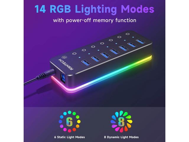 Powered USB Hub, RSHTECH RGB 7 Ports USB 3.0/USB C Hub with 14 Mode RGB ...