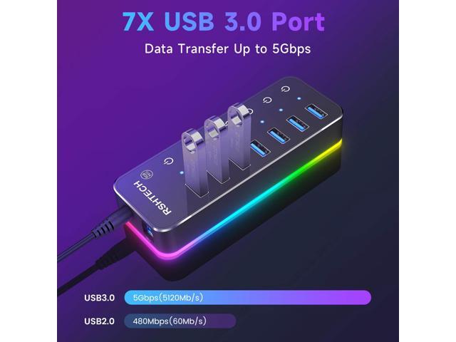 Powered USB Hub, RSHTECH RGB 7 Ports USB 3.0/USB C Hub with 14 Mode RGB LED Strip, Individual ...