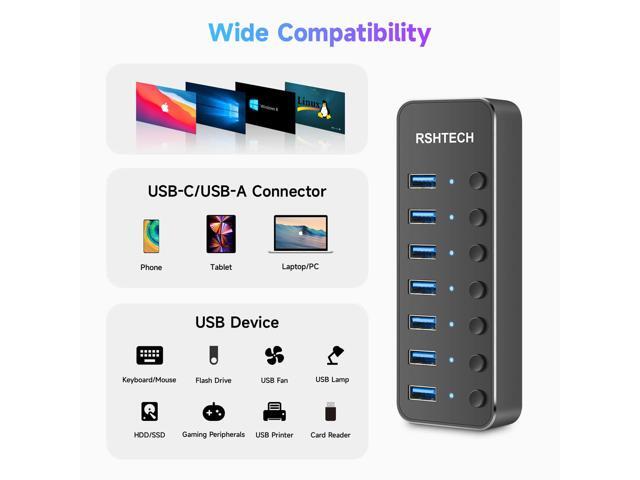 Powered UBS Hub, RSHTECH 7 Port USB 3.0/USB C Hub Upgraded Version ...