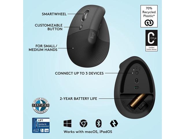 Logitech Lift Vertical Left Handed Ergonomic Wireless Mouse - Newegg.com