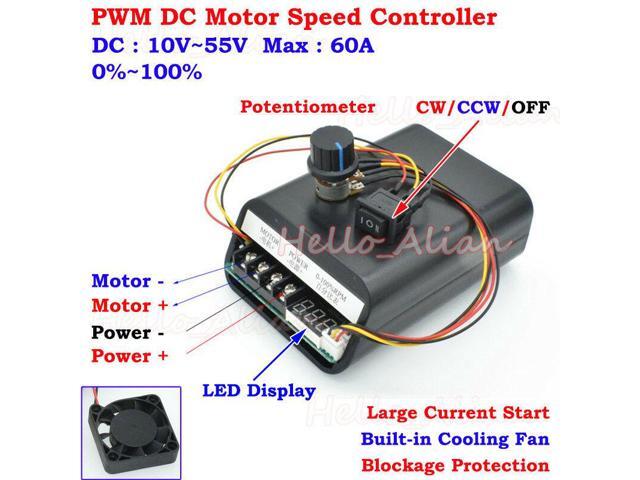 DC 10V-55V Max 60A PWM DC Motor Speed Controller CW CCW Reversible Switch Built-in Cooling Fan ...