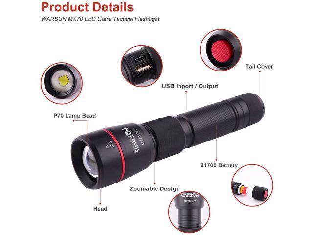 WARSUN Flashlights Rechargeable Tactical LED High Lumens Flashlight ...