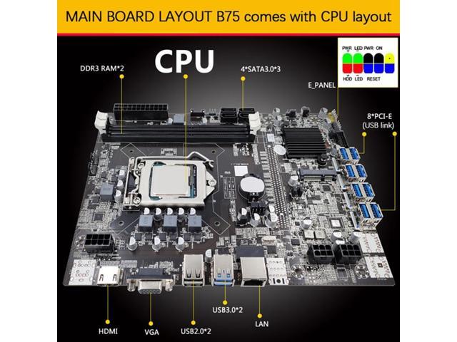 B75 8 Card BTC Mining Motherboard+G630 CPU+Thermal Grease+SATA Cable 8XUSB3.0(PCIE 1X) GPU Slot ...