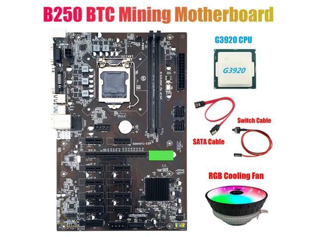 B250 BTC Mining Motherboard with G3920 CPU+RGB Fan+SATA Cable+Switch Cable 12XGraphics Card Slot ...