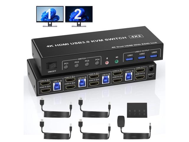 USB 3.0 HDMI Dual Monitor KVM Switch for 4 PCs, Supports EDID, 4K 60Hz ...