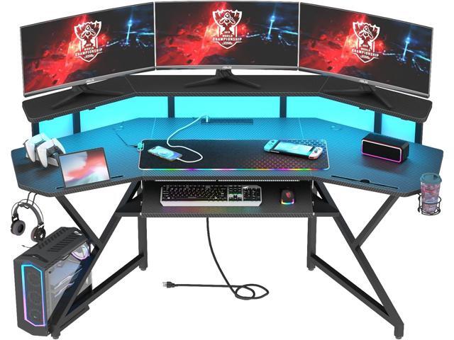 72" Gaming Desk with Power Outlet & Led Strip, Large Wing-Shaped ...