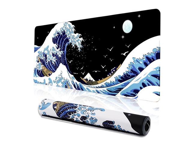 Japanese Sea Waves Large Gaming Mouse Pad for Desk, Desk Mat with Seamed Edges, Waterproof Desk ...