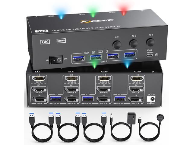 8K KVM Switch 3 Monitors 3 Computers HDMI + DisplayPort, USB 3.0 DP KVM ...