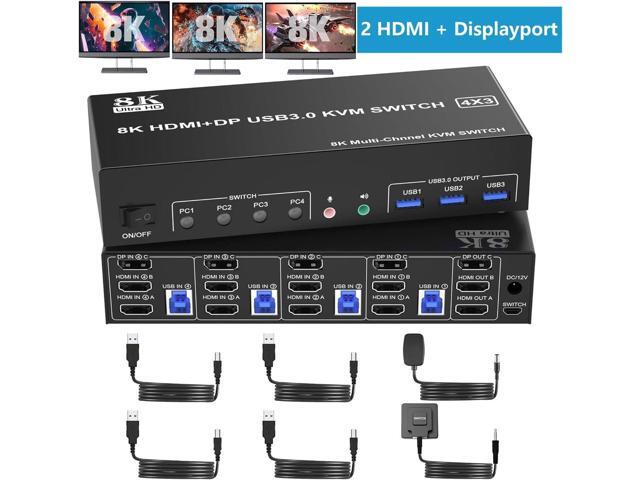KVM Switch 3 Monitors 4 Computers 8K@60Hz 4K@144Hz, 2 HDMI +1 ...