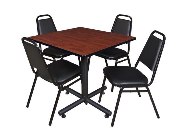 Regency Kobe 42 in. Square X-Base Breakroom Table- Cherry, 4 Restaurant Stack Chairs- Black ...