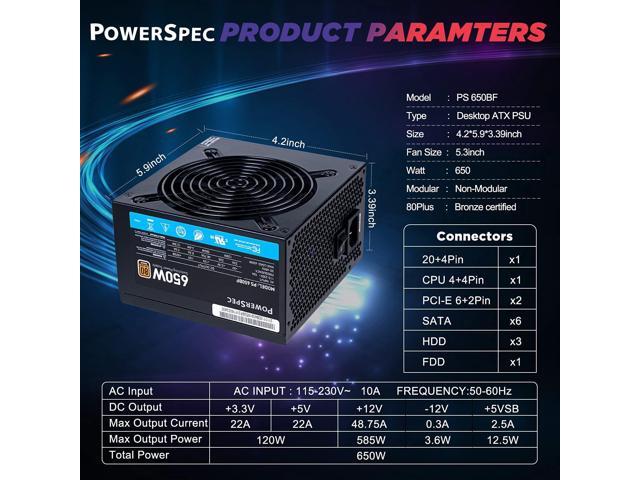 PowerSpec 650W Power Supply 80 Plus Bronze Certified Fixed Cable Non ...