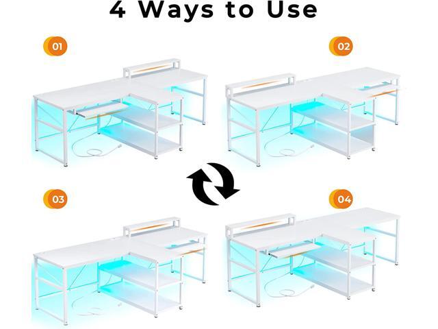 94.5" White Computer Desk, Two Person Gaming Desk with LED Light ...