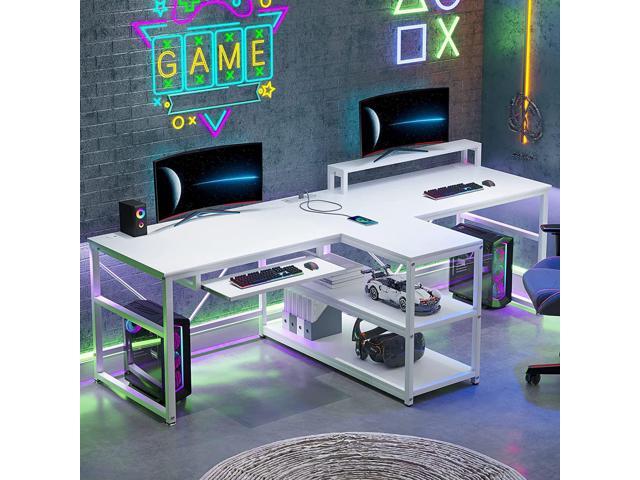 94.5" White Computer Desk, Two Person Gaming Desk with LED Light ...