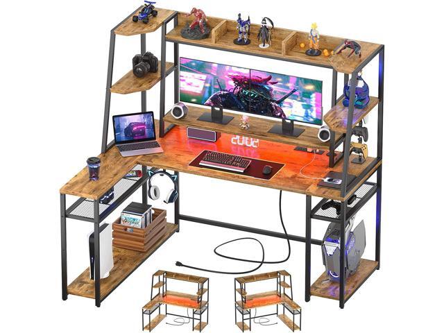 L Shaped Gaming Desk with LED Lights & Power Strips, 63'' Reversible ...