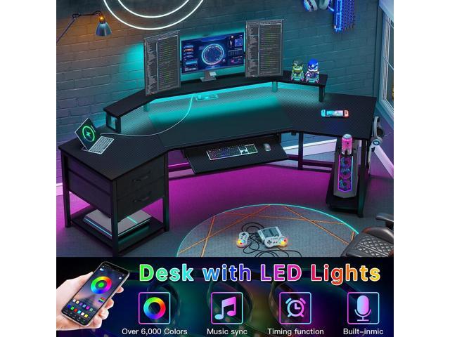 79" Gaming Desk, Computer Desk with 2 Fabric Drawers & LED Light, L ...