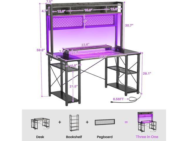 Gaming Desk with Hutch, 48'' Magic Computer Desk with LED Lights and ...