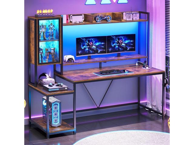 60'' Gaming Desk with Hutch, Computer Desk with Storage Shelves and LED ...