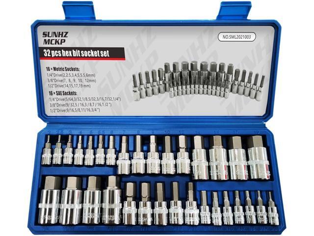 SUNHZMCKP 32 Piece Allen Socket Set, 1/4", 3/8", & 1/2" Drives Hex Bit ...