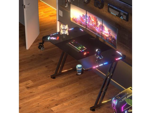 CORN 47 Inch Gaming Desk with LED Lights Carbon Fibre Surface Gaming ...