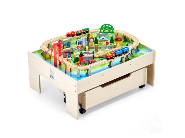 Train Table, 100 Multicolor Pieces Wooden Kids Activity Table with ...