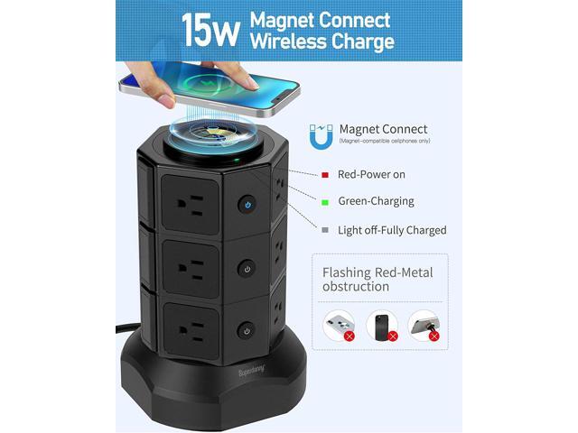 SUPERDANNY Power Strip Tower with 15W Magnetic Wireless Charger 1050J ...
