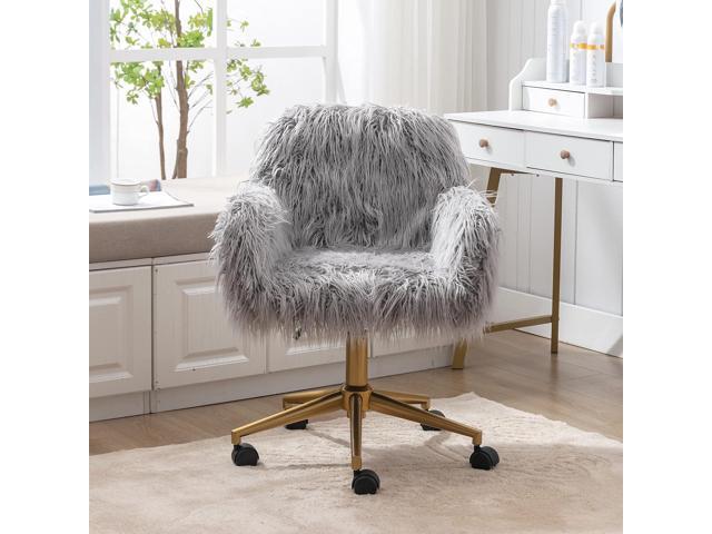 SSLine Faux Fur Vanity Chair Modern Grey Furry Makeup Desk Chairs for ...