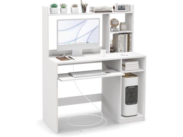 White Computer Desk with Hutch, Wood PC Desk w/Power Outlet, Keyboard ...