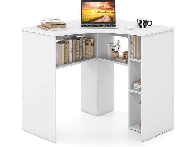 Tangkula White Corner Desk with Storage Shelves, Space-Saving Triangle ...