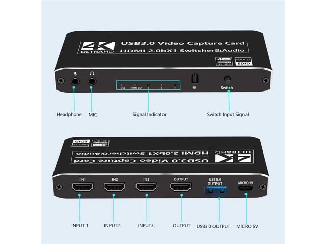 4K@60Hz 3X1 HDMI Audio Video Capture Card with Mic&Audio, HDMI USB3.0 ...