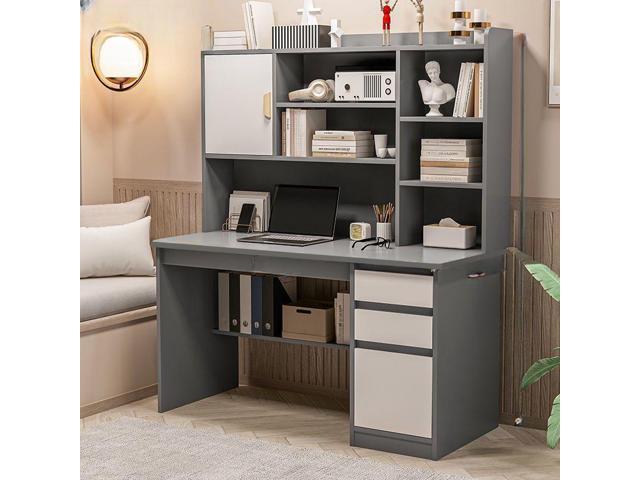 Baycheer Gray Computer Desk with Storage Shelf, Wooden Writing Desk ...