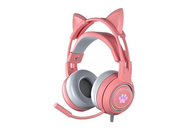 Gaming Headset with Cat Ears, Pink Headset with Surround Sound, RGB ...