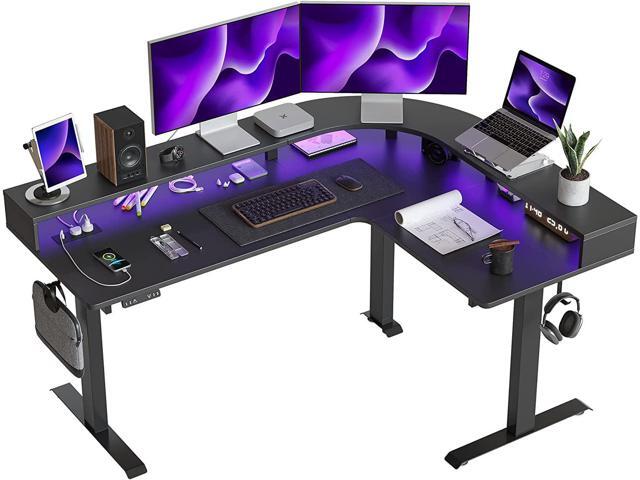 Triple Motor L Shaped Stadning Desk with LED Strip & Power Outrlets,63 ...