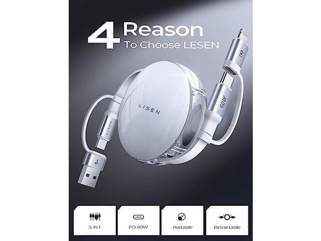 LISEN 60W 5in1 Multi Charging Cable Retractable iPhone Cable Fast ...