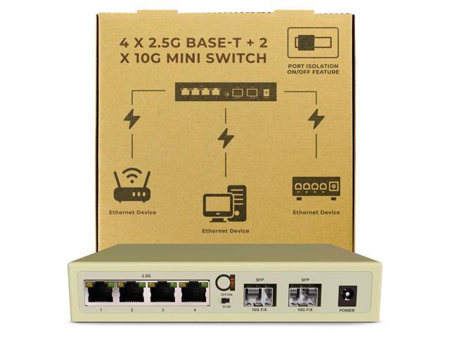 6-Port 2.5G Unmanaged Ethernet Switch, 4 x 2.5G Base-T, 2 x 10G SFP+, VLAN Isolation, Fanless ...