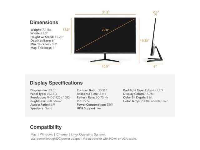 SideTrak Select Edgeless Desktop Computer Monitor 23.8 HD 1080p LED VA ...