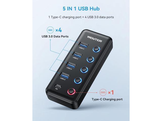 Powered USB 3.0 Hub, Wenter 5-Port USB Hub Splitter (4 Faster Data ...