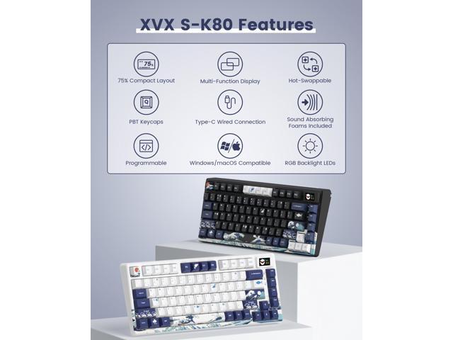 XVX S-K80 Gasket Mounted 75% Mechanical Keyboard with OLED Black White ...