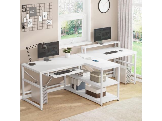 94.5" White Computer Desk, Two Person Gaming Desk with LED Light ...