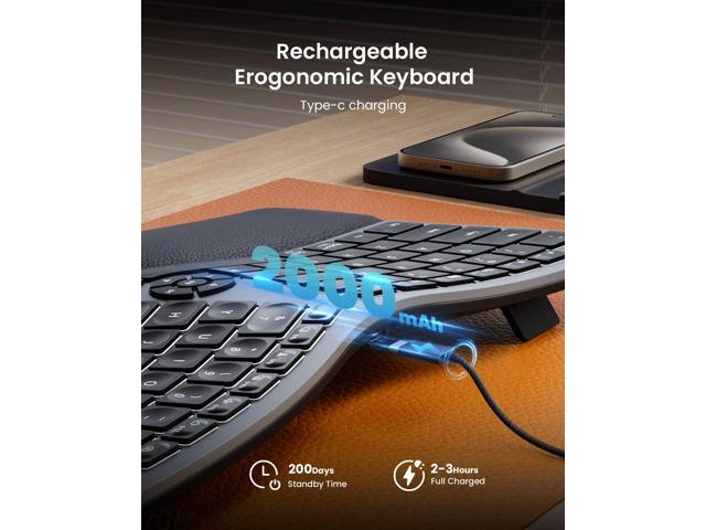 ProtoArc Backlit Wireless Ergonomic Keyboard, EK01 Plus Full Size Ergo ...