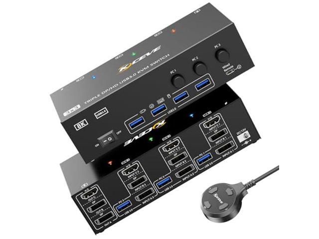 8K KVM Switch 3 Monitors 3 Computers HDMI + DisplayPort, KCEVE USB 3.0 ...